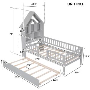 Twin House Bed with Bookcase Headboard and Trundle, Montessori Bed Twin Platform Bed with Storage and Fence Guardrails, Solid Wood Playhouse Bed Frame for Kids Teens Girls Boys (Twin Size, Gray)