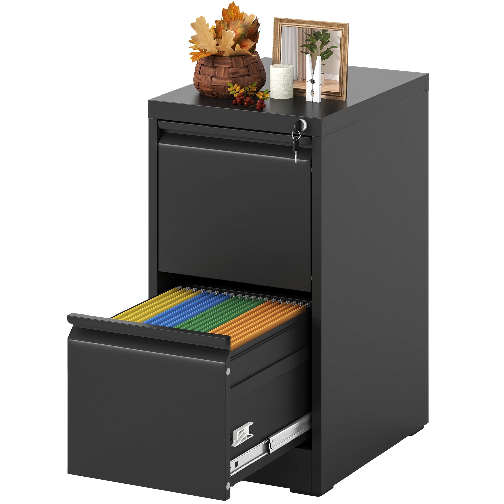 Yukimo Vertical File Cabinet with Drawers, 2 Drawer File Cabinet for Home Office, Locking File Cabinet Hanging Files for A4/ Legal/Letter, Black