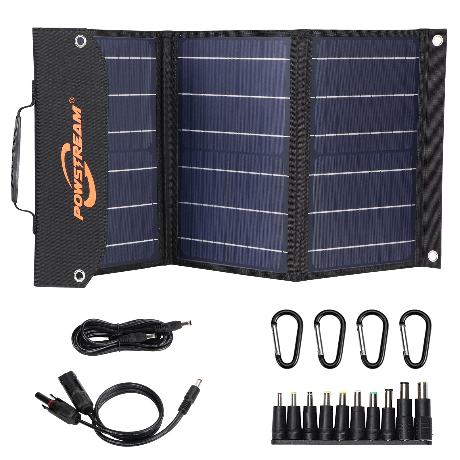 POWSTREAM 30W Portable Foldable Solar Panel with QC3.0 USB Ports & Changeable 10-in-1 DC Head for Power Station Generator Cell Phone iPad Laptop Outdoor Camping RV Trip Home Energy Conservation