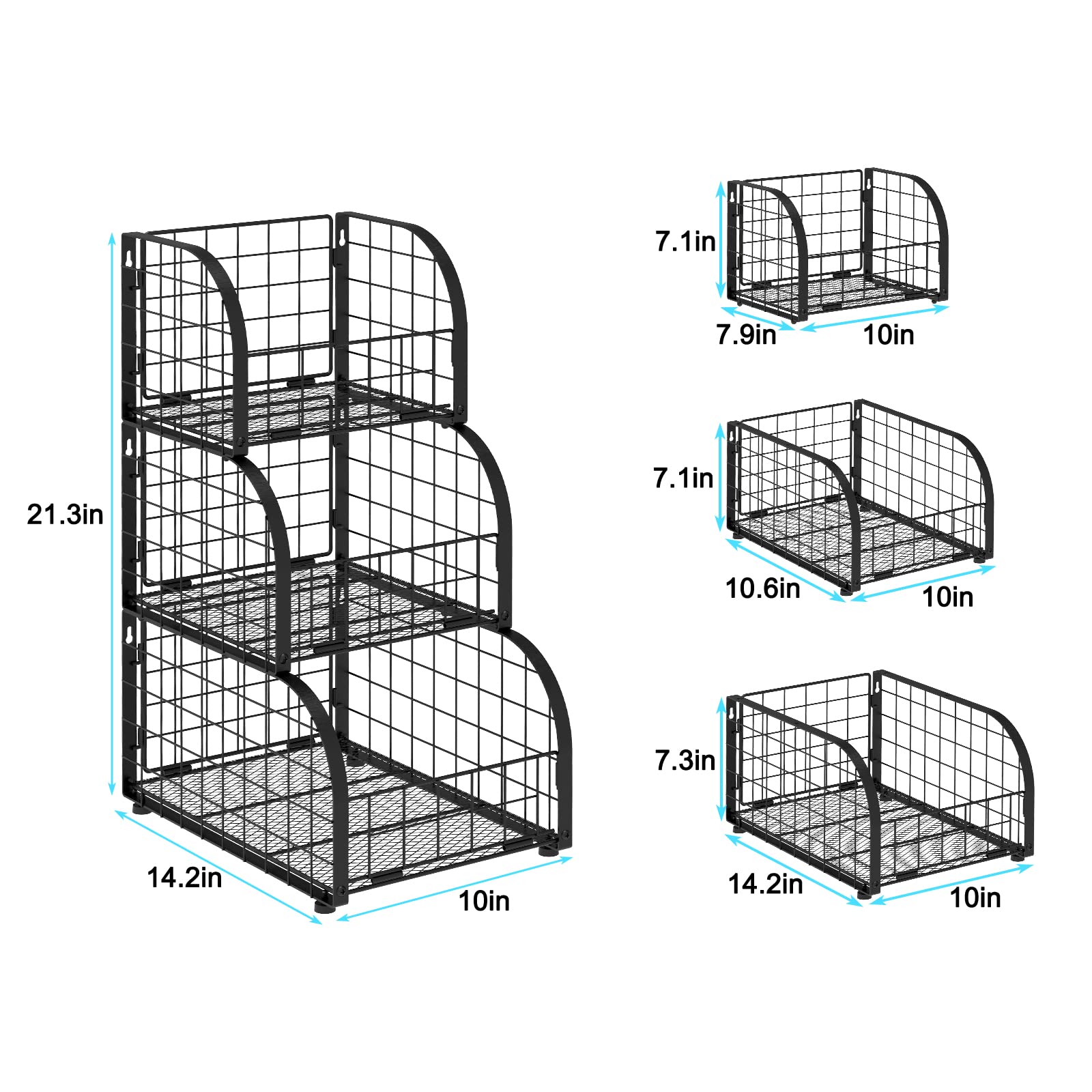 JKsmart XL 3 Tier Fruit and Vegetable Basket Stackable Countertop Organizer for Potato Onion Storage Wall-mounted Kitchen Wire Storage Baskets Stand Bins for Pantry Cabinet For Snack Produce,Black