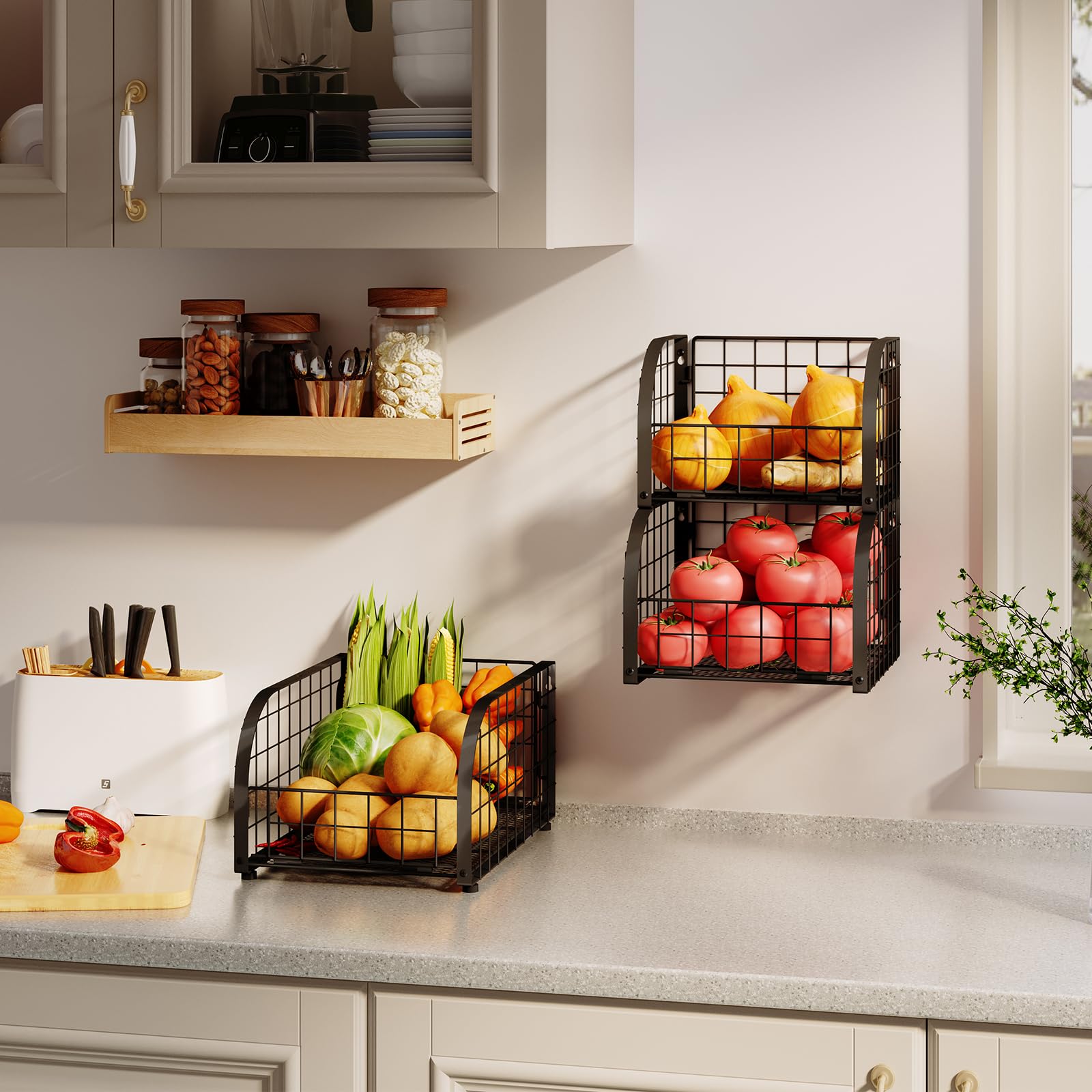 JKsmart XL 3 Tier Fruit and Vegetable Basket Stackable Countertop Organizer for Potato Onion Storage Wall-mounted Kitchen Wire Storage Baskets Stand Bins for Pantry Cabinet For Snack Produce,Black