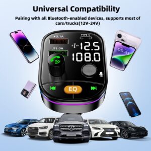 Bluetooth 5.0 FM Transmitter for Car - Cigarette Lighter Aux Port Car Wireless MP3 Adapter with Microphone HiFi Bass Sound Music Adaptor Radio Transmitter & USB PD Fast Charging Port car Accesories