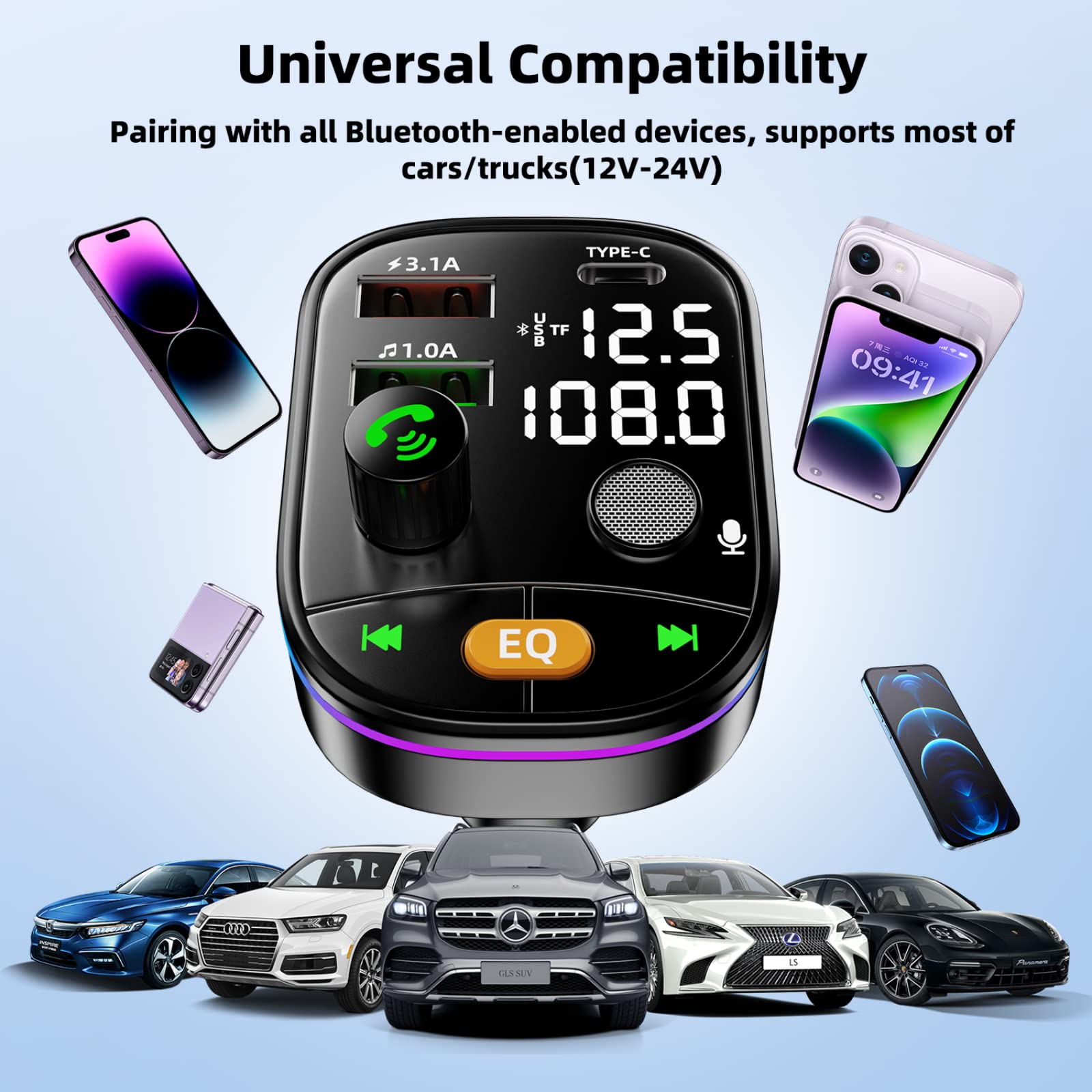 Bluetooth 5.0 FM Transmitter for Car - Cigarette Lighter Aux Port Car Wireless MP3 Adapter with Microphone HiFi Bass Sound Music Adaptor Radio Transmitter & USB PD Fast Charging Port car Accesories