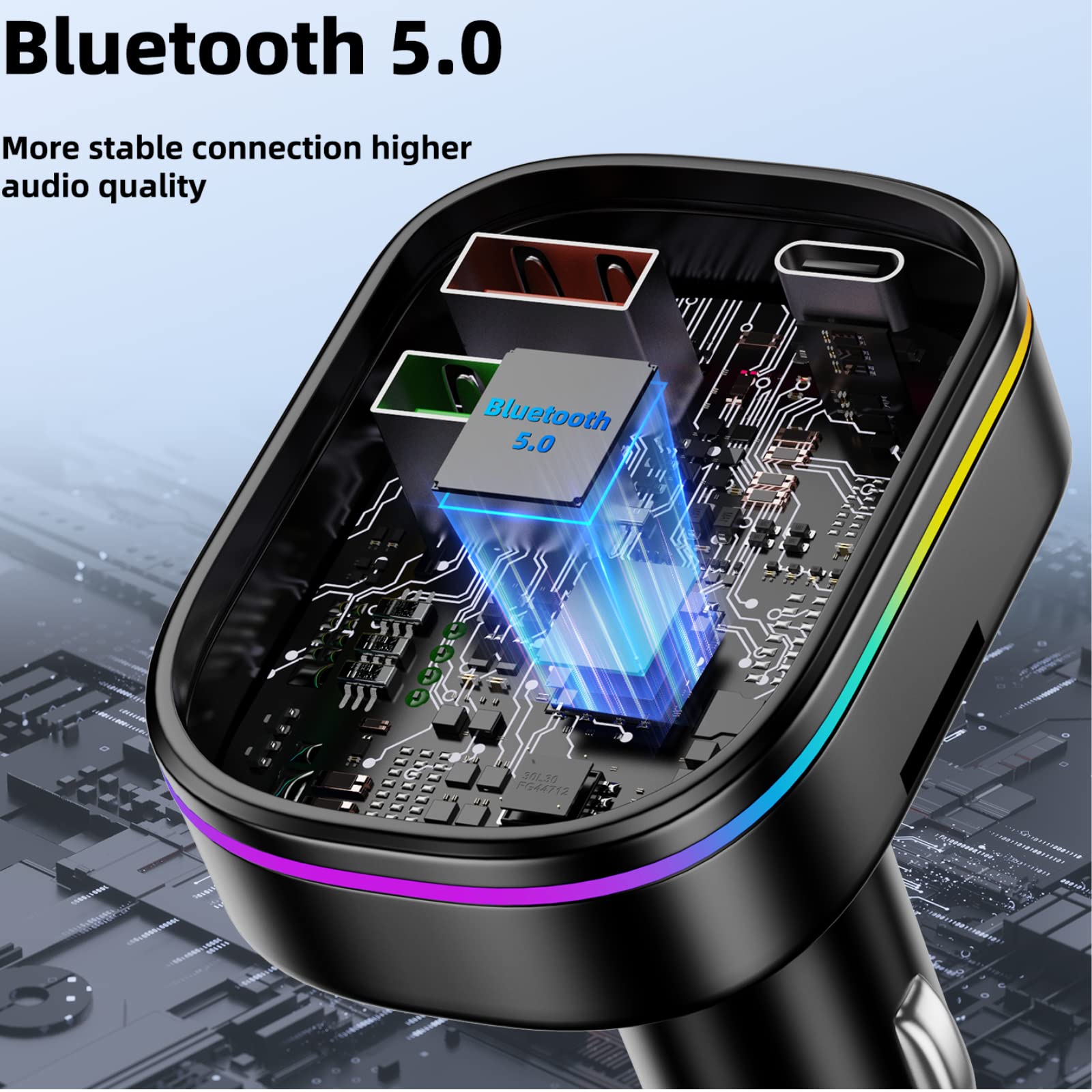 Bluetooth 5.0 FM Transmitter for Car - Cigarette Lighter Aux Port Car Wireless MP3 Adapter with Microphone HiFi Bass Sound Music Adaptor Radio Transmitter & USB PD Fast Charging Port car Accesories