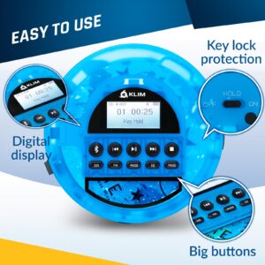 KLIM Nomad Transparent Blue - Portable CD Player Walkman with Long-Lasting Battery - Includes Headphones - Discman MP3 Player - TF Card FM Radio Bluetooth AUX - Ideal for Home, Cars - 2024 Version