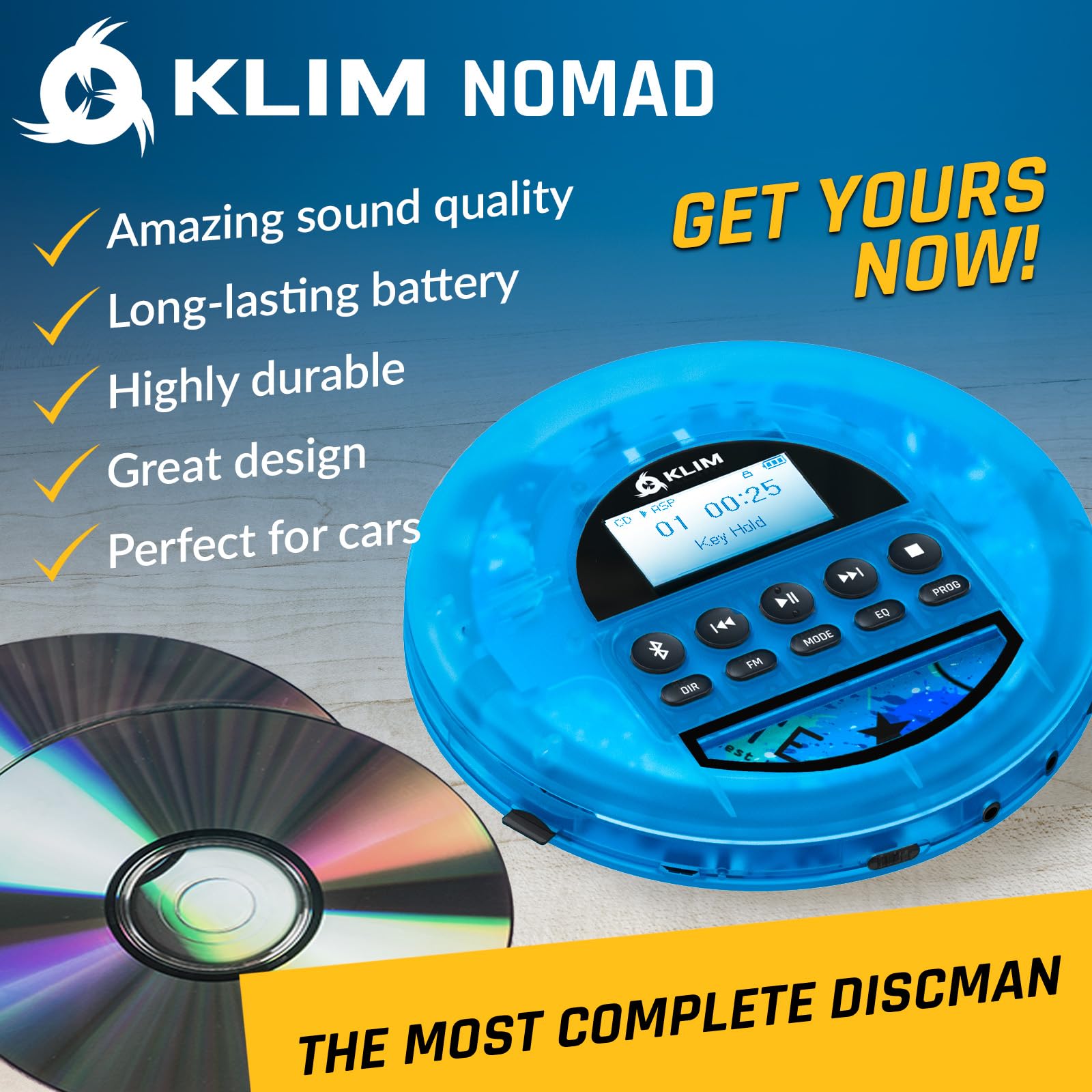 KLIM Nomad Transparent Blue - Portable CD Player Walkman with Long-Lasting Battery - Includes Headphones - Discman MP3 Player - TF Card FM Radio Bluetooth AUX - Ideal for Home, Cars - 2024 Version