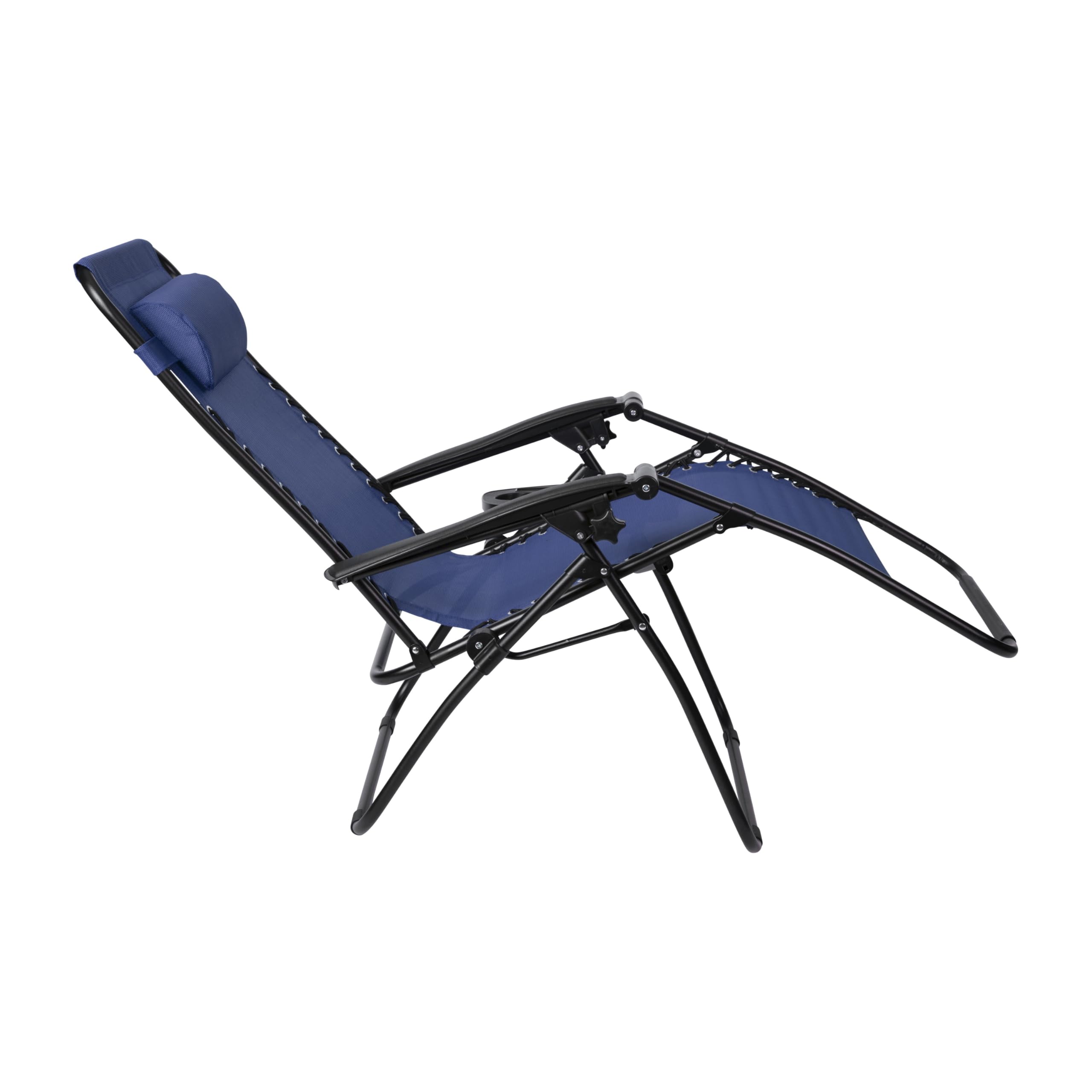 Merrick Lane Set of 2 Zero Gravity Lounge Chairs - Navy Mesh Upholstery - Removable Pillow - Removable Cup Holder Tray - Push Back Recline - Folding Design