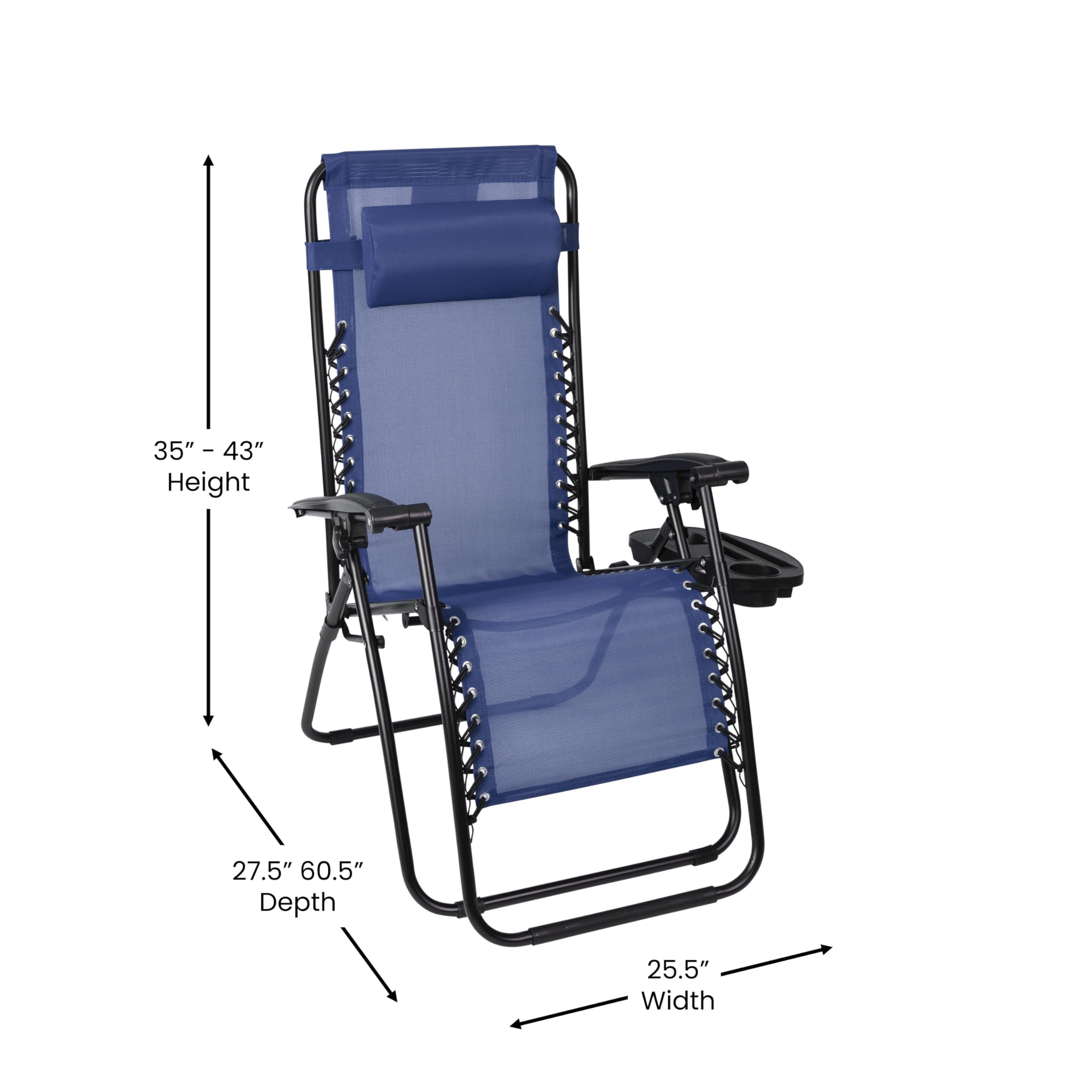 Merrick Lane Set of 2 Zero Gravity Lounge Chairs - Navy Mesh Upholstery - Removable Pillow - Removable Cup Holder Tray - Push Back Recline - Folding Design