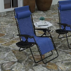 Merrick Lane Set of 2 Zero Gravity Lounge Chairs - Navy Mesh Upholstery - Removable Pillow - Removable Cup Holder Tray - Push Back Recline - Folding Design