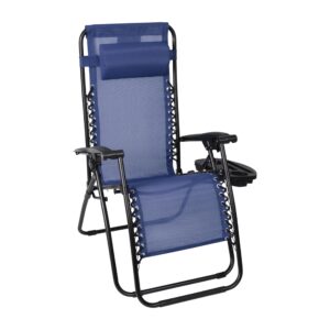 Merrick Lane Set of 2 Zero Gravity Lounge Chairs - Navy Mesh Upholstery - Removable Pillow - Removable Cup Holder Tray - Push Back Recline - Folding Design