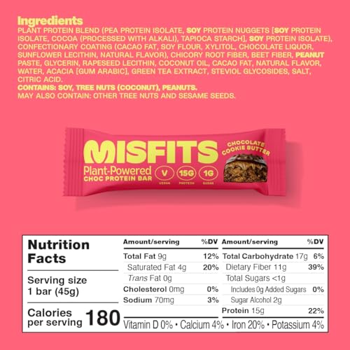 Misfits Vegan Protein Bar, Best Sellers Variety Pack, Plant Based Protein Bars, High Protein Snacks with 15g Per Bar, Low Sugar, Low Carb, High Fiber, Non GMO, 4 Flavor 12 Pack, 1.8oz Bars - Soft Protein Snack & Breakfast Bars