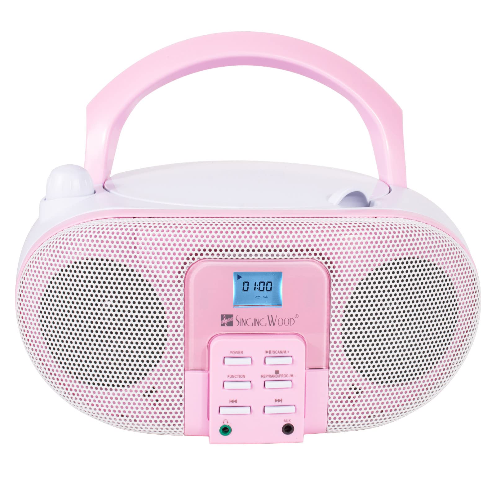 SingingWood GC01 Macarons Series Portable CD Player Boombox with AM FM Stereo Radio Kids CD Player LCD Display, Front Aux-in Port Headphone Jack, Supported AC or Battery Powered -Rose