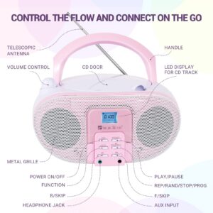 SingingWood GC01 Macarons Series Portable CD Player Boombox with AM FM Stereo Radio Kids CD Player LCD Display, Front Aux-in Port Headphone Jack, Supported AC or Battery Powered -Rose