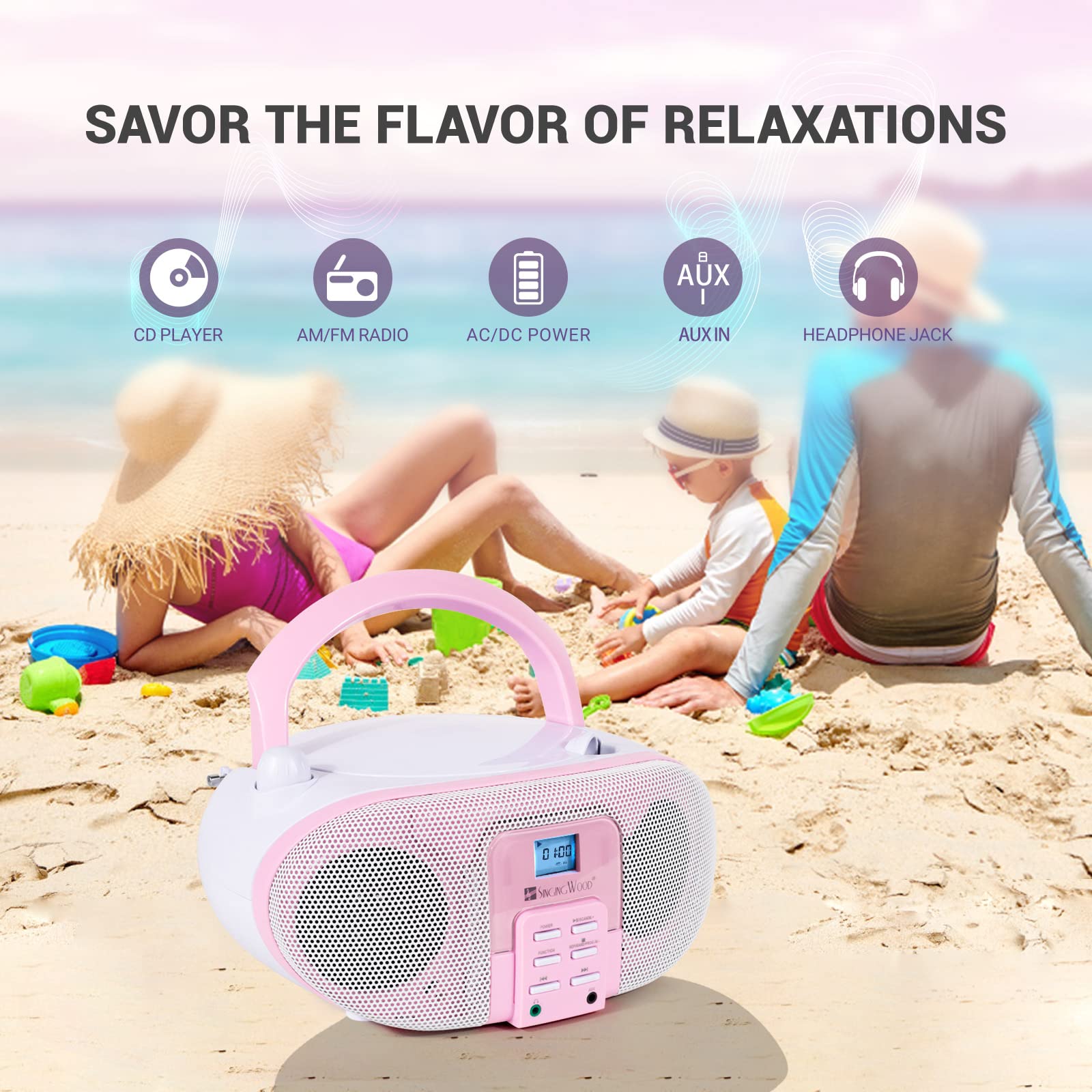 SingingWood GC01 Macarons Series Portable CD Player Boombox with AM FM Stereo Radio Kids CD Player LCD Display, Front Aux-in Port Headphone Jack, Supported AC or Battery Powered -Rose