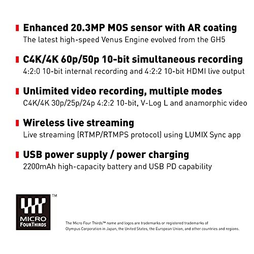 Panasonic LUMIX GH5M2, 20.3MP Mirrorless Micro Four Thirds Camera with Live Streaming, 4K 4:2:2 10-Bit Video, 5-Axis Image Stabilizer, 12-60mm F2.8-4.0 Leica Lens DC-GH5M2LK (Renewed)