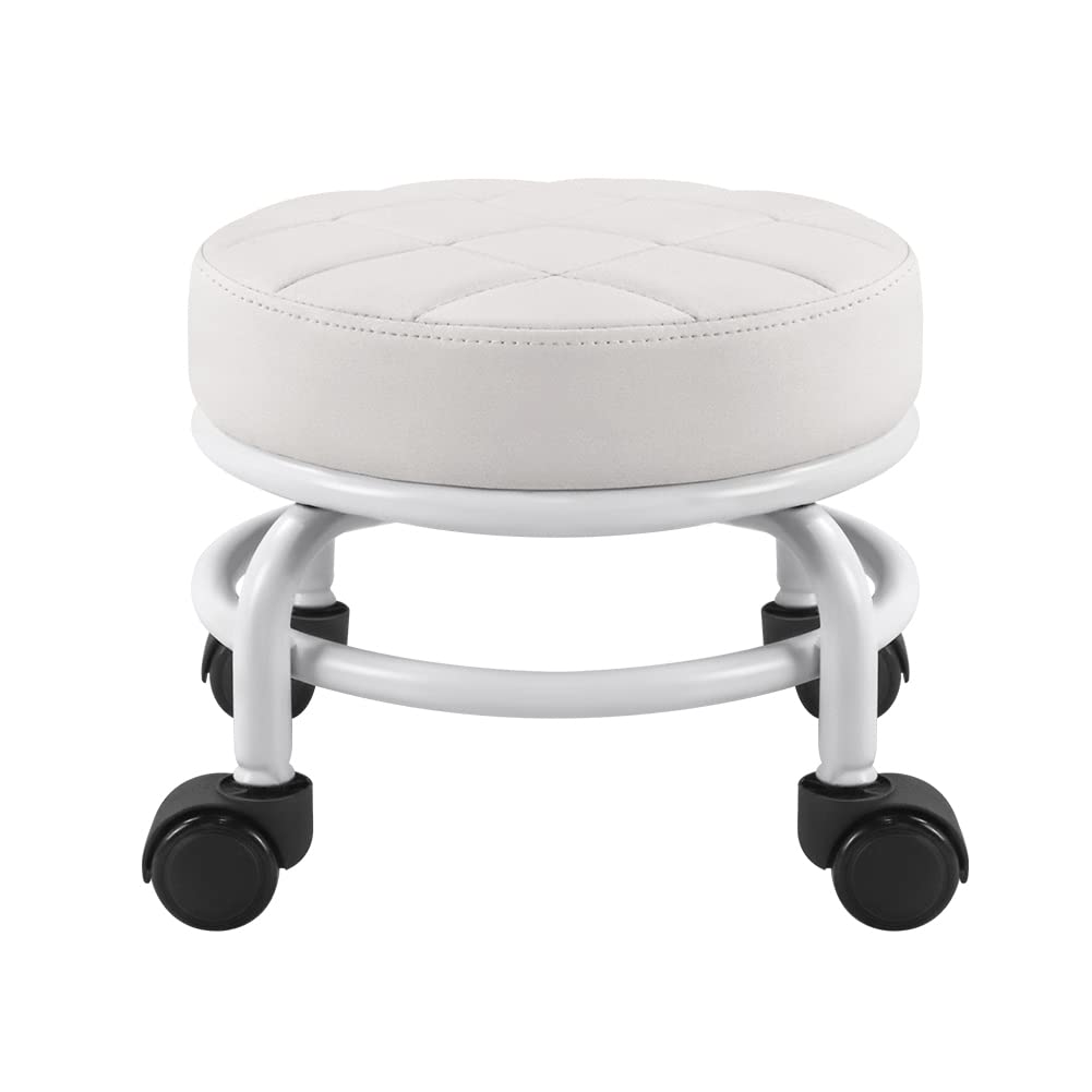 FURWOO Low Roller Seat PU Leather Rolling Stool Step Stool Mechanic Stool on Wheels for Home Office Garage Shop White