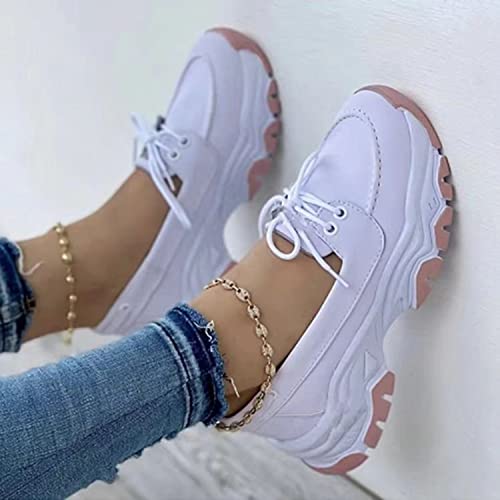 2023 Women's Platform lace-up Trainers, Breathable, Casual, Flat Running Shoes, Fashionable, Comfortable, Round Toe Single Shoes,White,39