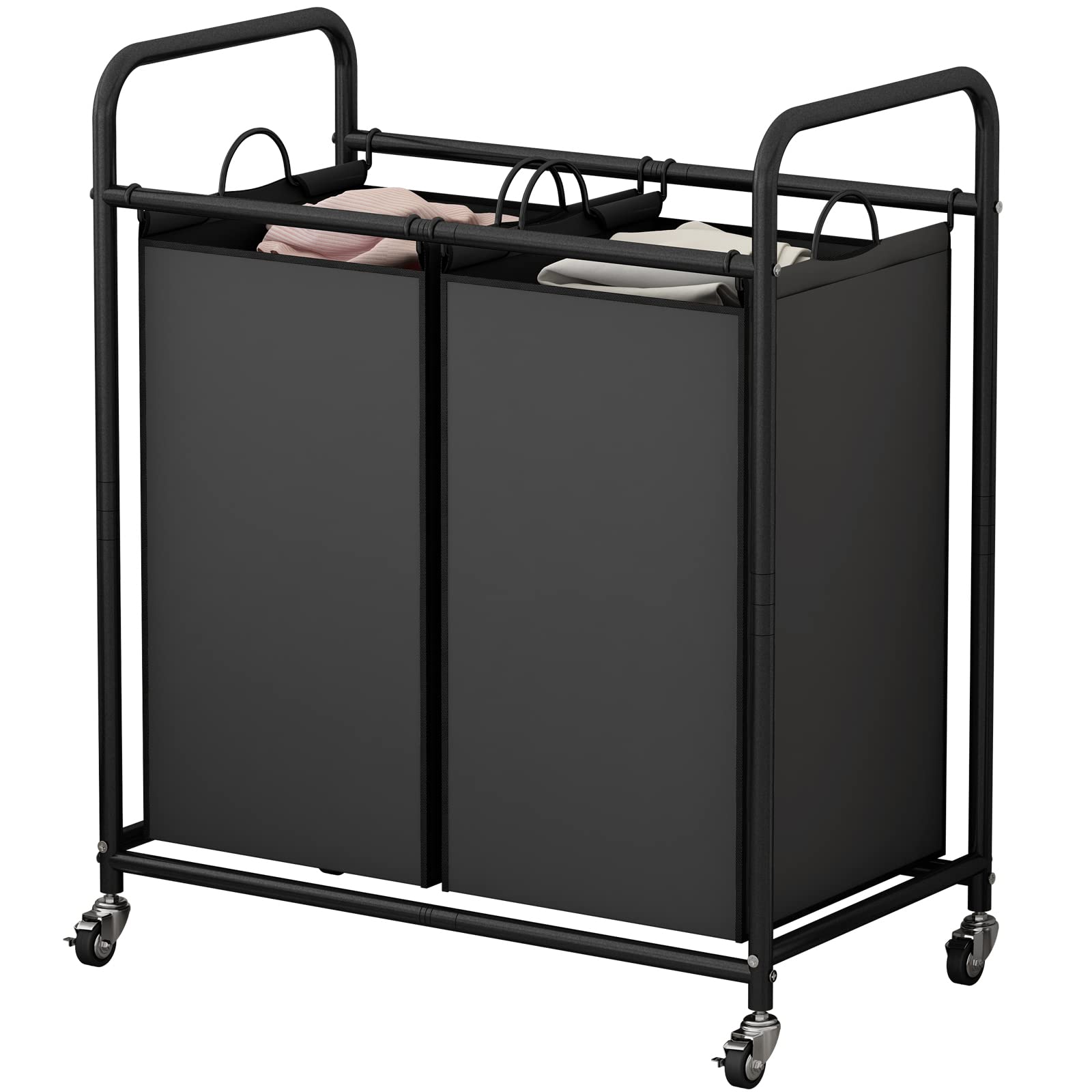 SUOERNUO Laundry Sorter Basket 2 Bag Laundry Hamper Cart with Rolling Lockable Wheels and Removable Bags Laundry Organizer Cart for Clothes Storage, Black