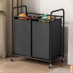 SUOERNUO Laundry Sorter Basket 2 Bag Laundry Hamper Cart with Rolling Lockable Wheels and Removable Bags Laundry Organizer Cart for Clothes Storage, Black