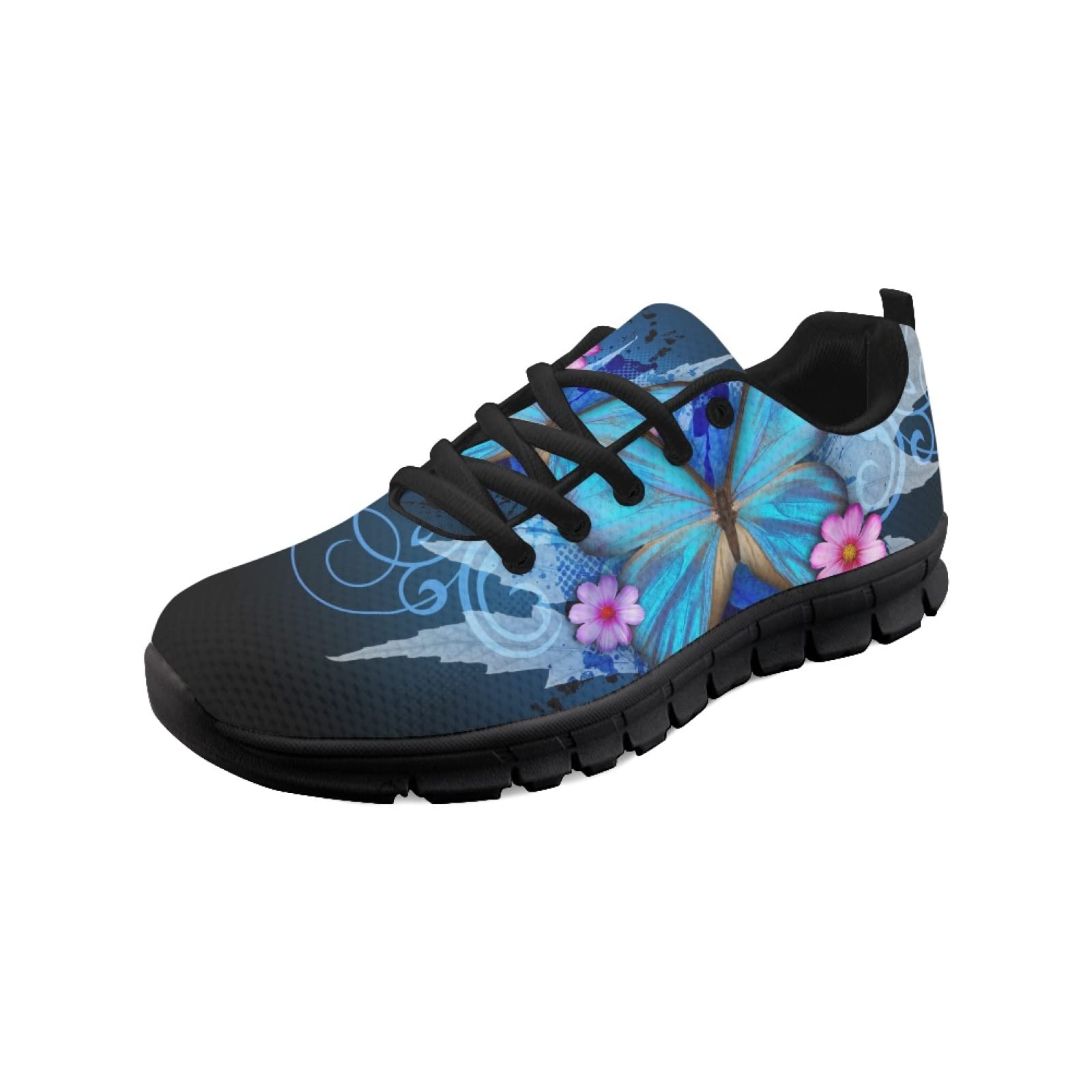 Wanyint Fashion Butterfly Print Women Running Shoes Beautiful Blue Animal with Floral Lightweight Girls' Black Sole Sneakers Hiking Camping Cute Wildlife Mesh Air Training Athletic Shoes