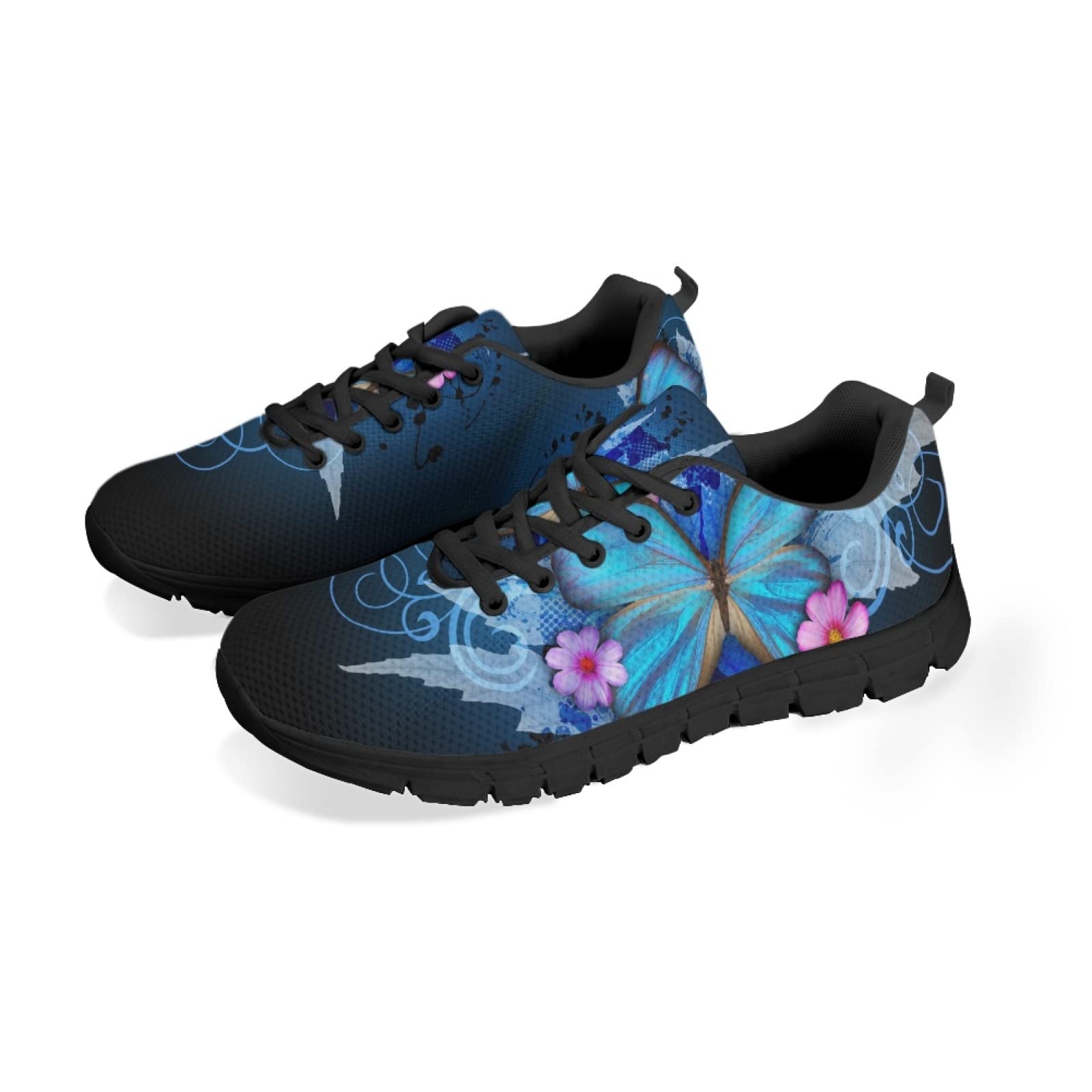 Wanyint Fashion Butterfly Print Women Running Shoes Beautiful Blue Animal with Floral Lightweight Girls' Black Sole Sneakers Hiking Camping Cute Wildlife Mesh Air Training Athletic Shoes