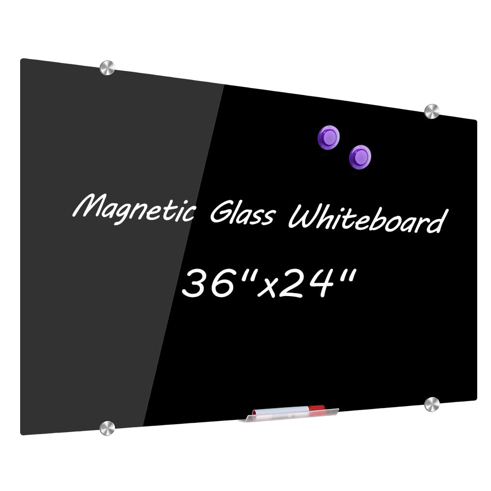 DEVELOP Magnetic Black Glass Dry Erase Board, 36 x 24 Inches (90 x 60 cm), Frameless Wall Mounted Writing Glass Whiteboard with 4 Markers, 2 Magnets, 1 Eraser