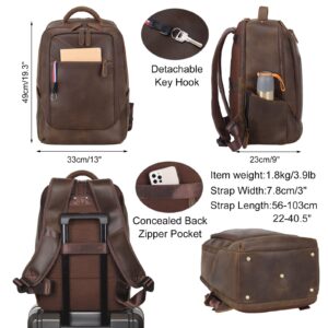 Masa Kawa Vintage Leather 15.6" Laptop Computer Backpack for Men Large Business Travel Weekender Bag Casual Rucksack Camping Daypack, Brown