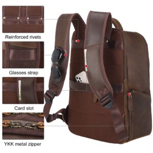 Masa Kawa Vintage Leather 15.6" Laptop Computer Backpack for Men Large Business Travel Weekender Bag Casual Rucksack Camping Daypack, Brown