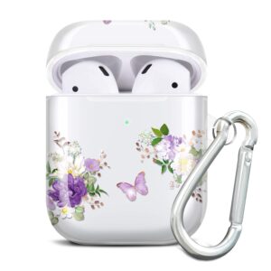 JIAXIUFEN AirPods Case Clear Cover Plated Glitter Flower Design Cute Protective Silicone TPU Skin Accessories for Women Girl with Keychain for AirPods 2 & 1 Charging Case, Purple Butterfly