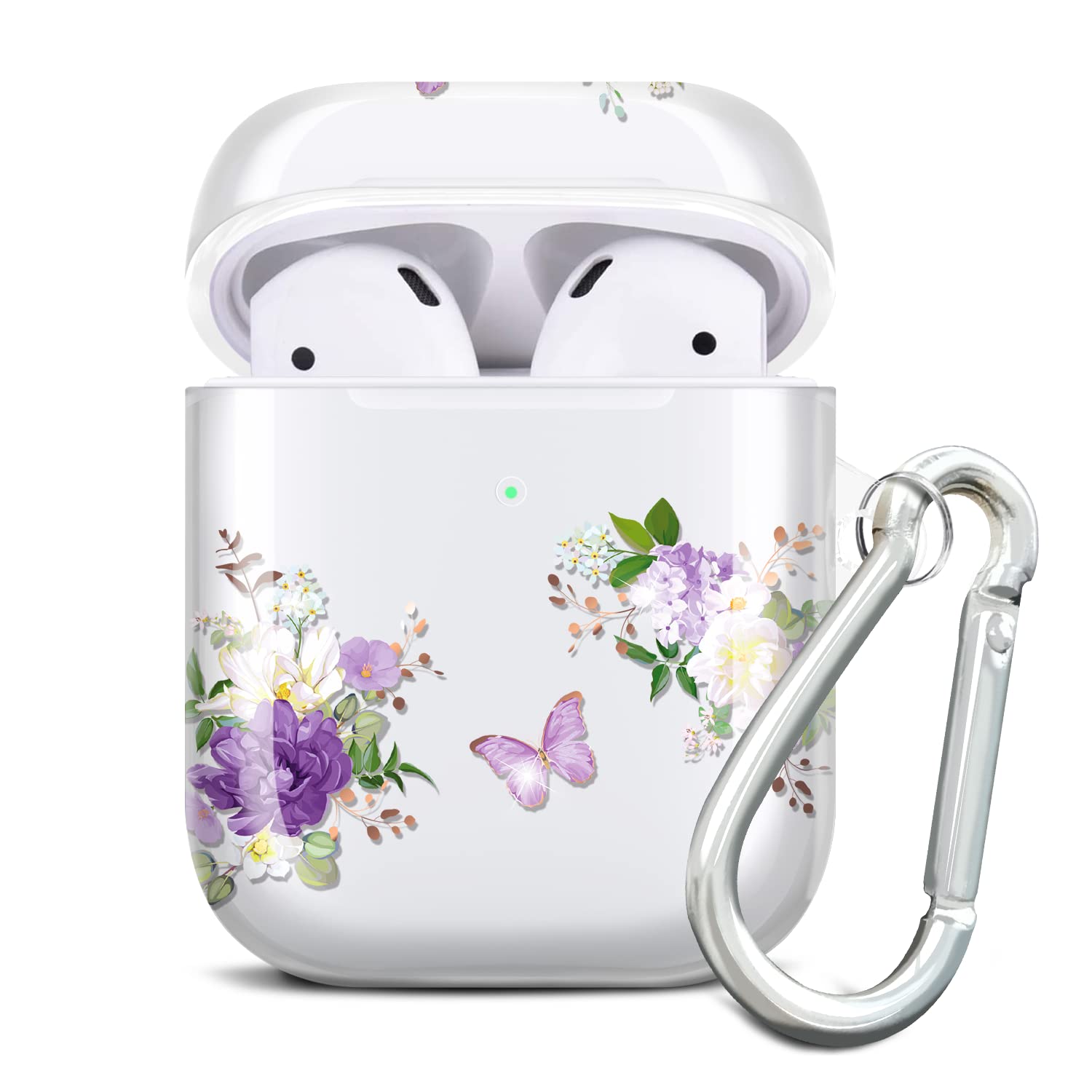 JIAXIUFEN AirPods Case Clear Cover Plated Glitter Flower Design Cute Protective Silicone TPU Skin Accessories for Women Girl with Keychain for AirPods 2 & 1 Charging Case, Purple Butterfly