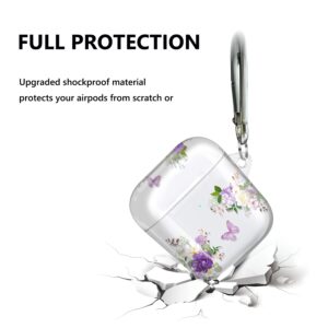 JIAXIUFEN AirPods Case Clear Cover Plated Glitter Flower Design Cute Protective Silicone TPU Skin Accessories for Women Girl with Keychain for AirPods 2 & 1 Charging Case, Purple Butterfly