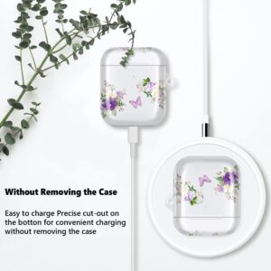 JIAXIUFEN AirPods Case Clear Cover Plated Glitter Flower Design Cute Protective Silicone TPU Skin Accessories for Women Girl with Keychain for AirPods 2 & 1 Charging Case, Purple Butterfly