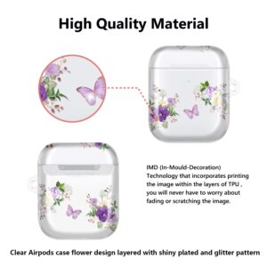 JIAXIUFEN AirPods Case Clear Cover Plated Glitter Flower Design Cute Protective Silicone TPU Skin Accessories for Women Girl with Keychain for AirPods 2 & 1 Charging Case, Purple Butterfly