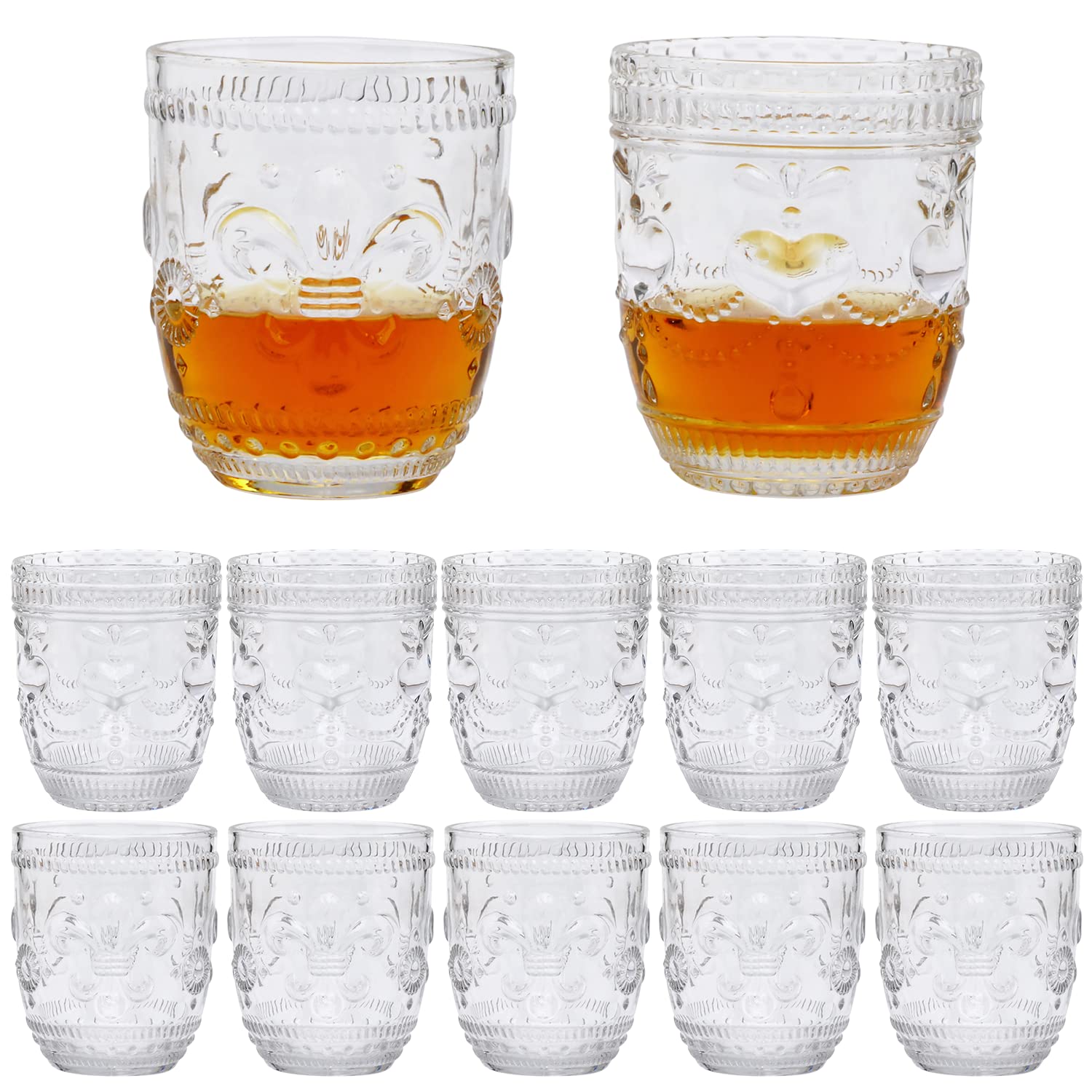 QAPPDA Vintage Drinking Glasses Set of 12,Embossed Romantic Water Glasses 10 Ounce,Clear 300ml Textured Juice Glasses Daily Glassware for Iced Coffee,Milk,Mixed Beverage