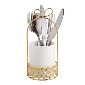 juxyes ceramic silverware holder for tabletop, white cutlery holder with golden metal bracket, decorative flatware holder countertop utensil holder organizer for wedding kitchen dining tables