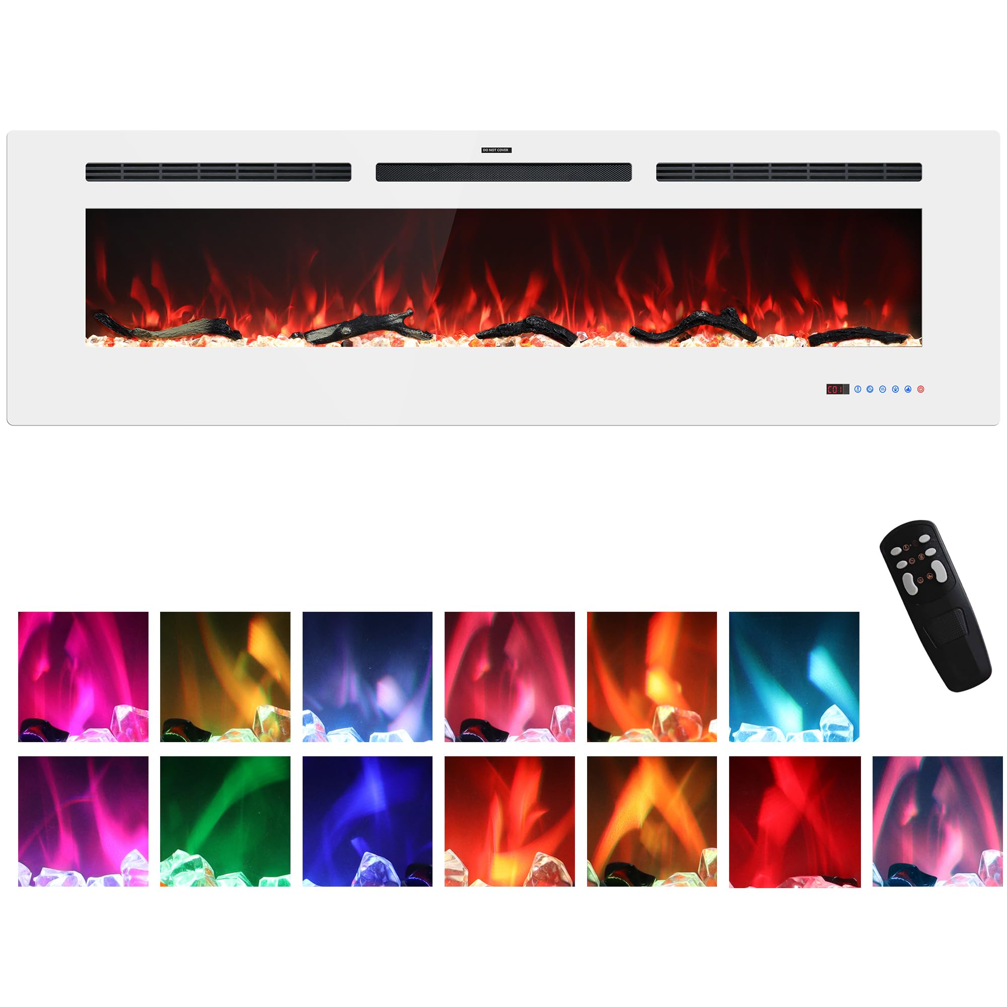 Velaychimney 60" Electric Fireplace Inserts, Recessed and Wall Mounted Fireplace Heater with 13 Flame & Fuel Bed Colors, Remote & Touch Screen, Timer, Logs & Crystals, 750/1500W, White