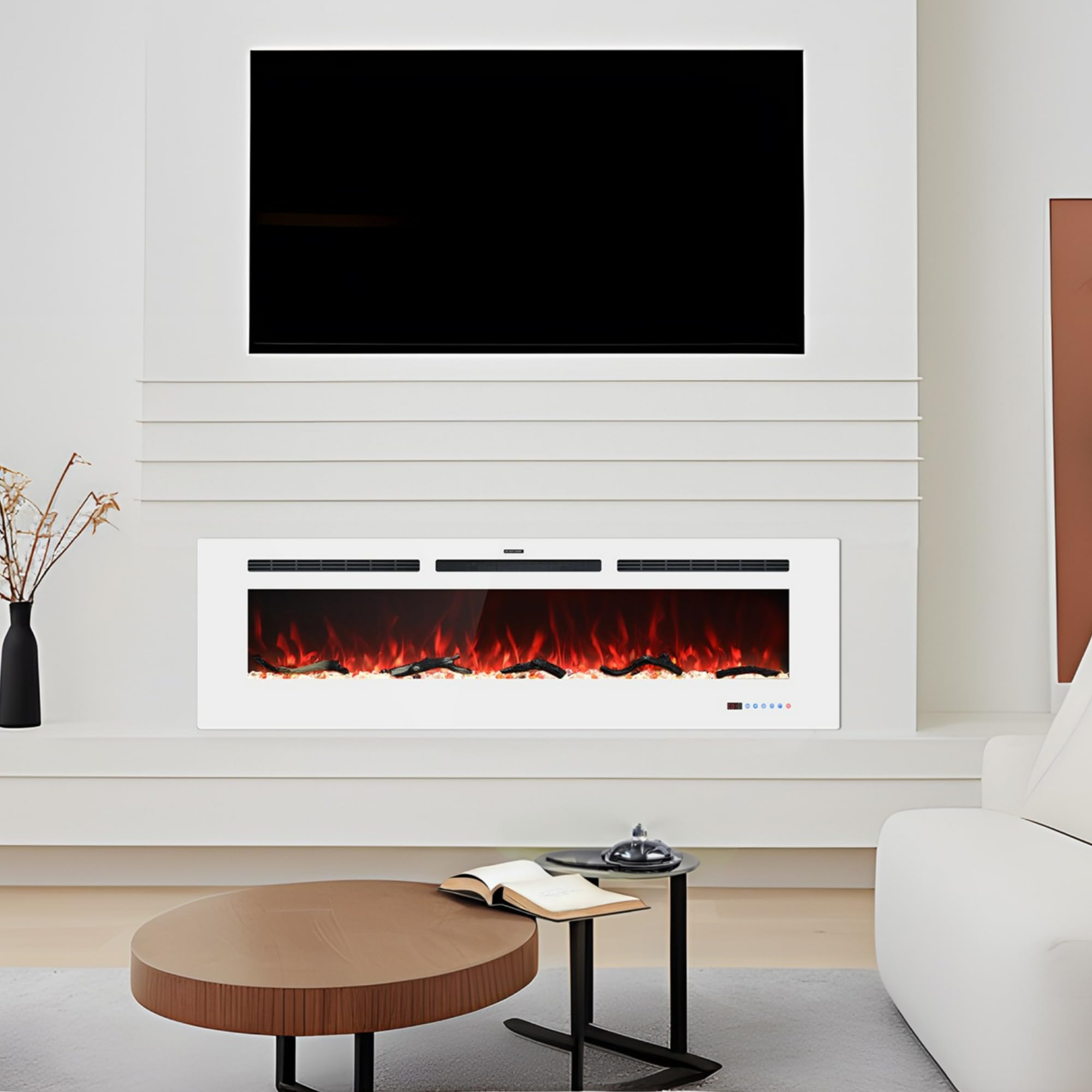 Velaychimney 60" Electric Fireplace Inserts, Recessed and Wall Mounted Fireplace Heater with 13 Flame & Fuel Bed Colors, Remote & Touch Screen, Timer, Logs & Crystals, 750/1500W, White