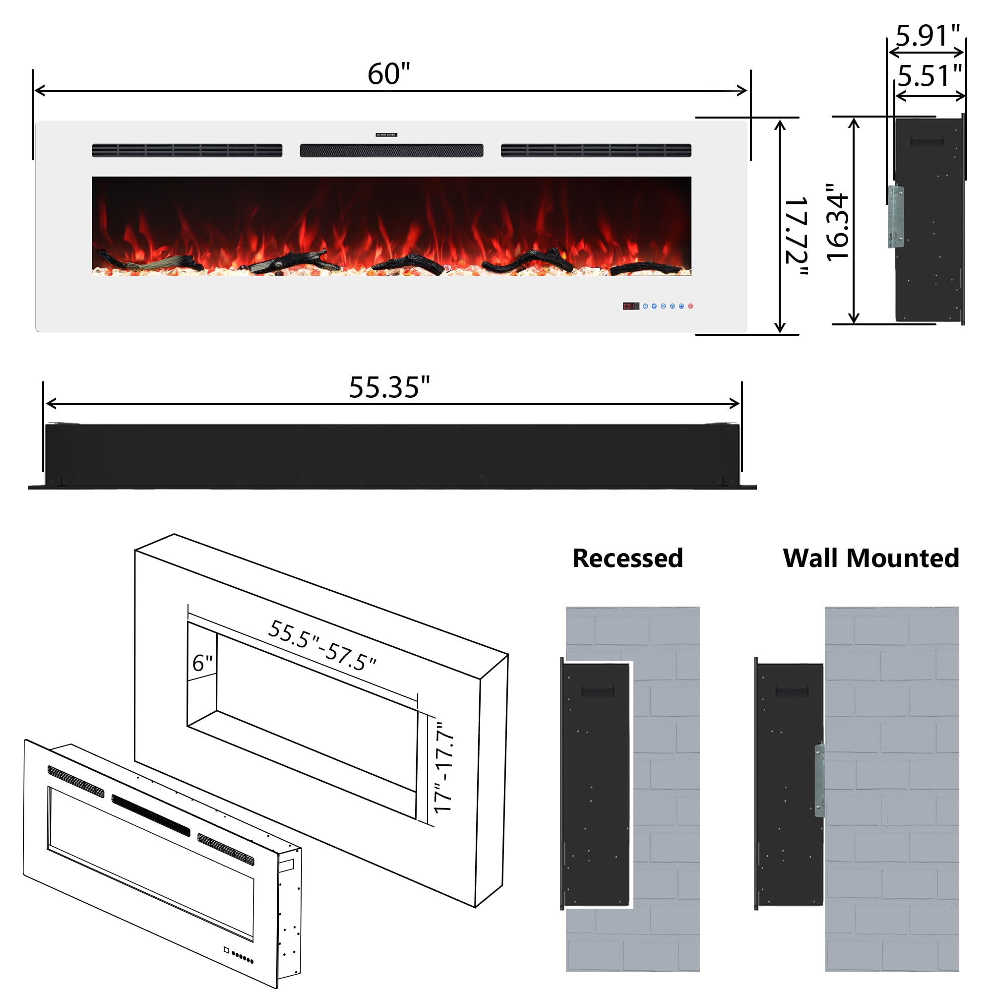 Velaychimney 60" Electric Fireplace Inserts, Recessed and Wall Mounted Fireplace Heater with 13 Flame & Fuel Bed Colors, Remote & Touch Screen, Timer, Logs & Crystals, 750/1500W, White