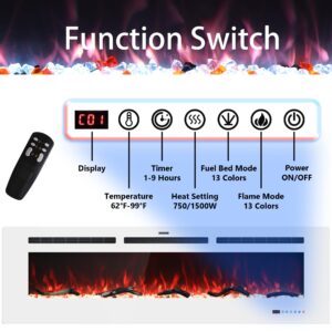 Velaychimney 60" Electric Fireplace Inserts, Recessed and Wall Mounted Fireplace Heater with 13 Flame & Fuel Bed Colors, Remote & Touch Screen, Timer, Logs & Crystals, 750/1500W, White