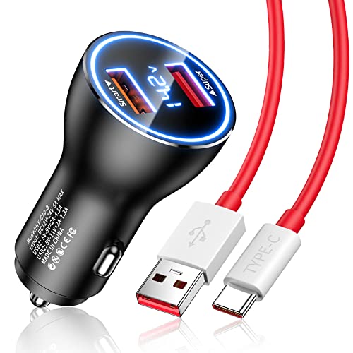 Car Charger SuperVOOC 80W for OnePlus 12R 12 11 10t 10 Pro, SuperVOOC Warp Charger for OnePlus Open Pad Nord 9 Pro 8 7T 6 6T 5 5T LED Display Dual USB Car Charger Adapter with 3.3FT USB A to C Cable