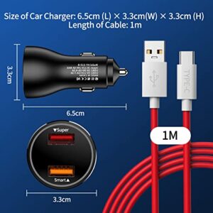 Car Charger SuperVOOC 80W for OnePlus 12R 12 11 10t 10 Pro, SuperVOOC Warp Charger for OnePlus Open Pad Nord 9 Pro 8 7T 6 6T 5 5T LED Display Dual USB Car Charger Adapter with 3.3FT USB A to C Cable