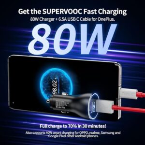 Car Charger SuperVOOC 80W for OnePlus 12R 12 11 10t 10 Pro, SuperVOOC Warp Charger for OnePlus Open Pad Nord 9 Pro 8 7T 6 6T 5 5T LED Display Dual USB Car Charger Adapter with 3.3FT USB A to C Cable