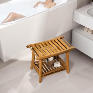 RANDEFURN Bamboo Shower Bench Waterproof, 2-Tier Spa Seat Bath Stool, Storage Shelf with Fence, for Shaving Legs or Shower Bath Chairs Spa Seats for Bathroom,(Natural)