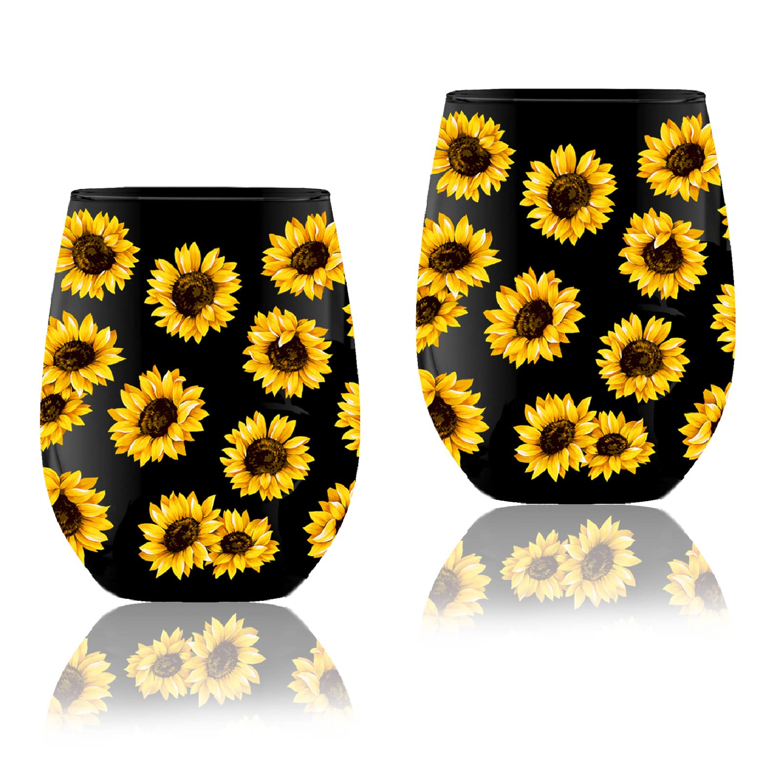 Whaline 2Pcs Sunflower Stemless Wine Glasses 17oz Black Yellow Sunflower Drinking Glasses Summer Flower Print Tumbler Cups Floral Party Cups for Summer Party Supplies Kitchen Decorations Gifts