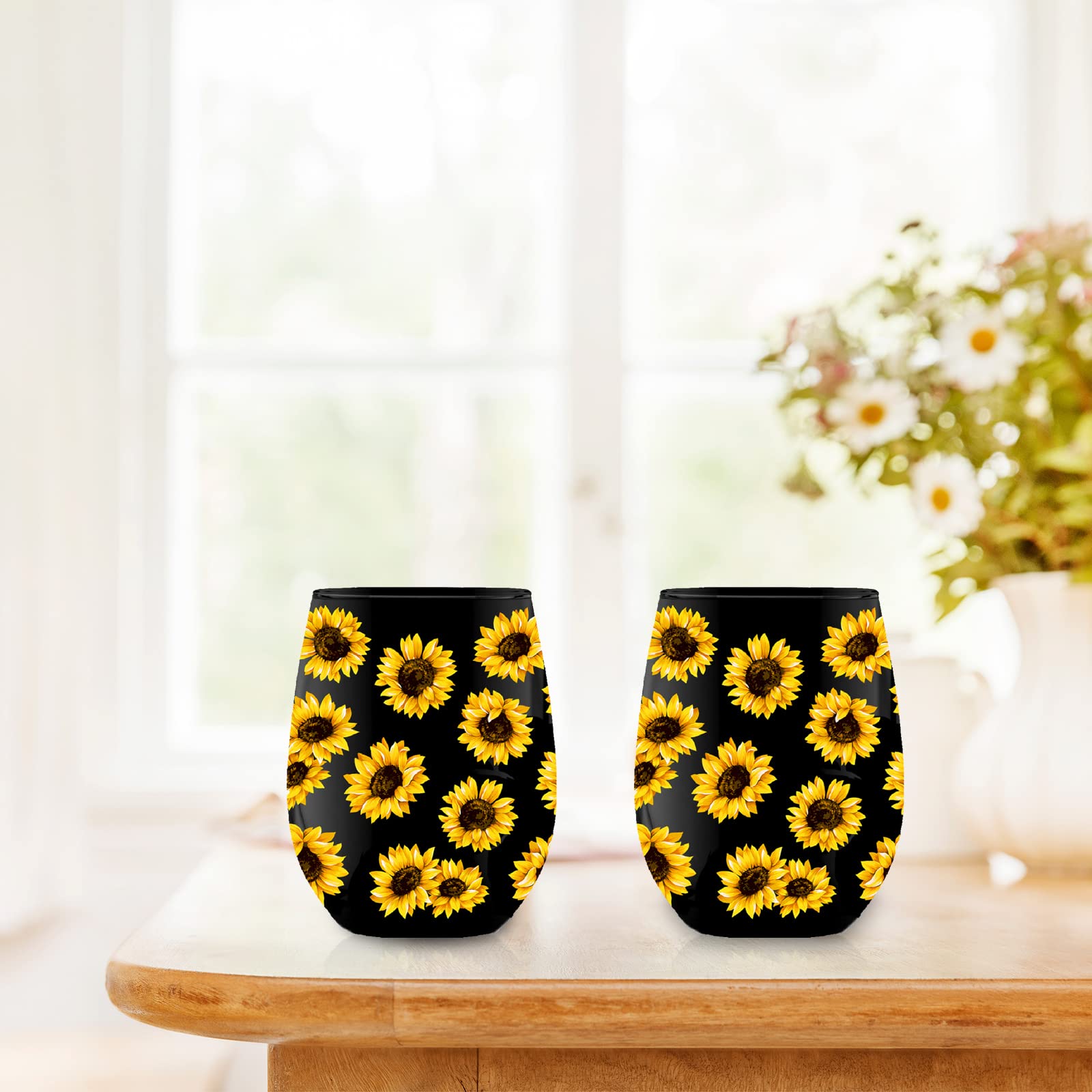 Whaline 2Pcs Sunflower Stemless Wine Glasses 17oz Black Yellow Sunflower Drinking Glasses Summer Flower Print Tumbler Cups Floral Party Cups for Summer Party Supplies Kitchen Decorations Gifts