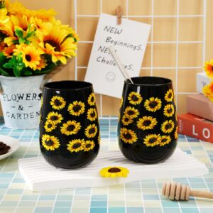 Whaline 2Pcs Sunflower Stemless Wine Glasses 17oz Black Yellow Sunflower Drinking Glasses Summer Flower Print Tumbler Cups Floral Party Cups for Summer Party Supplies Kitchen Decorations Gifts