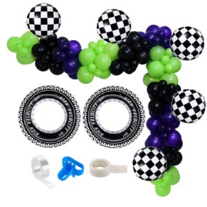 monster truck theme balloon garland, 132pcs black green dark purple balloon arch with car wheel balloon, chessboard foil balloons for monster jam theme birthday, baby shower, race car birthday party