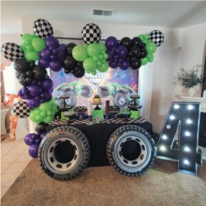 Monster Truck Theme Balloon Garland, 132pcs Black Green Dark Purple Balloon Arch with Car Wheel Balloon, Chessboard Foil Balloons for Monster Jam Theme Birthday, Baby Shower, Race Car Birthday Party