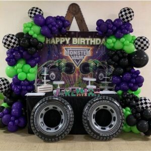 Monster Truck Theme Balloon Garland, 132pcs Black Green Dark Purple Balloon Arch with Car Wheel Balloon, Chessboard Foil Balloons for Monster Jam Theme Birthday, Baby Shower, Race Car Birthday Party