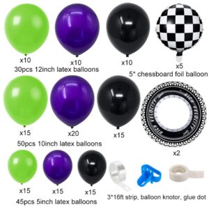 Monster Truck Theme Balloon Garland, 132pcs Black Green Dark Purple Balloon Arch with Car Wheel Balloon, Chessboard Foil Balloons for Monster Jam Theme Birthday, Baby Shower, Race Car Birthday Party